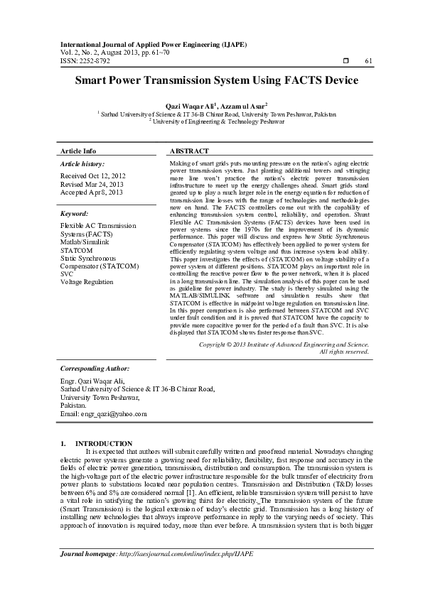 (PDF) Smart Power Transmission System Using FACTS Device