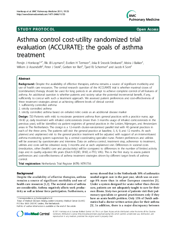 (PDF) Asthma control cost-utility randomized trial evaluation (ACCURATE): the goals of asthma ...