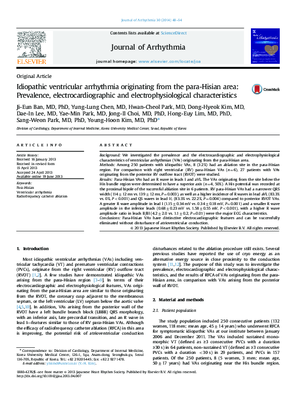 (PDF) Idiopathic ventricular arrhythmia originating from the para ...