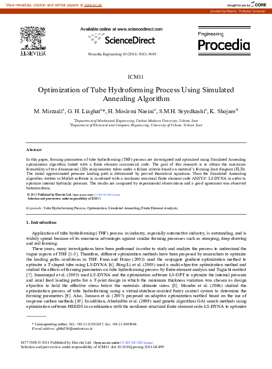 (PDF) Optimization of Tube Hydroforming Process Using Simulated ...
