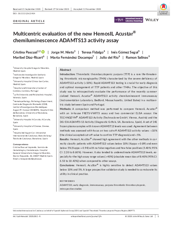 (PDF) Multicentric evaluation of the new HemosIL Acustar ...