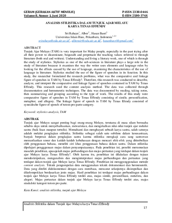 (PDF) Analisis Stilistika dalam Tunjuk Ajar Melayu karya Tenas Effendy
