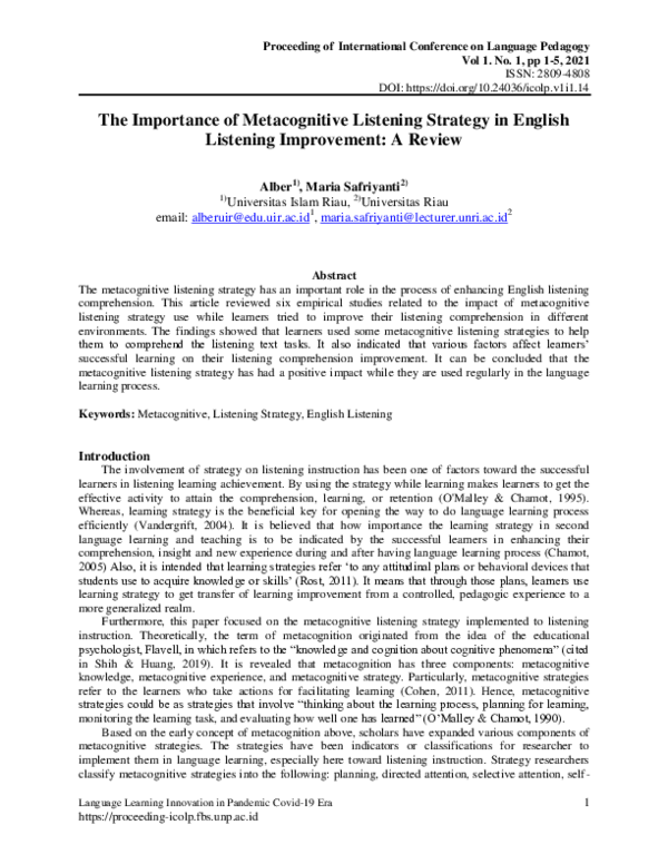 Pdf The Importance Of Metacognitive Listening Strategy In English Listening Improvement A Review
