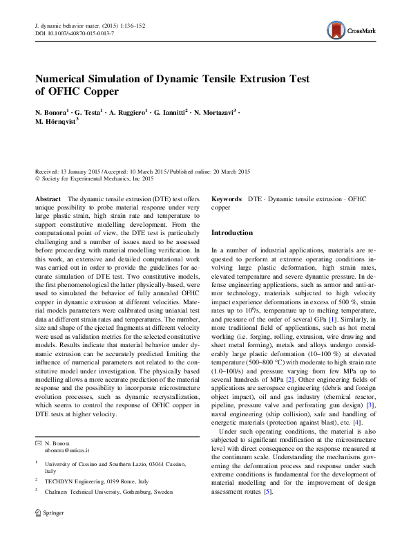 (PDF) Numerical Simulation of Dynamic Tensile Extrusion Test of OFHC Copper