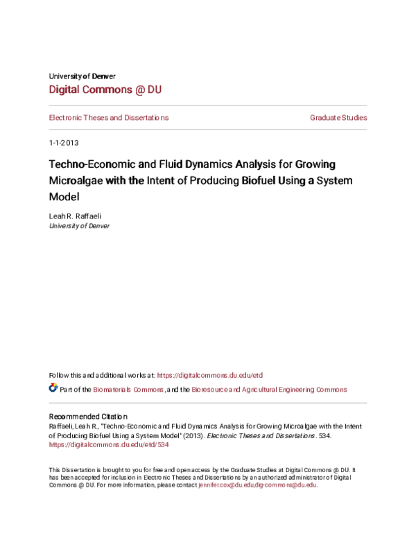 (PDF) Techno-economic and Fluid Dynamics Analysis for Growing Microalgae with the Intent of ...