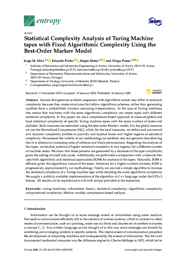 Pdf Statistical Complexity Analysis Of Turing Machine Tapes With Fixed Algorithmic Complexity