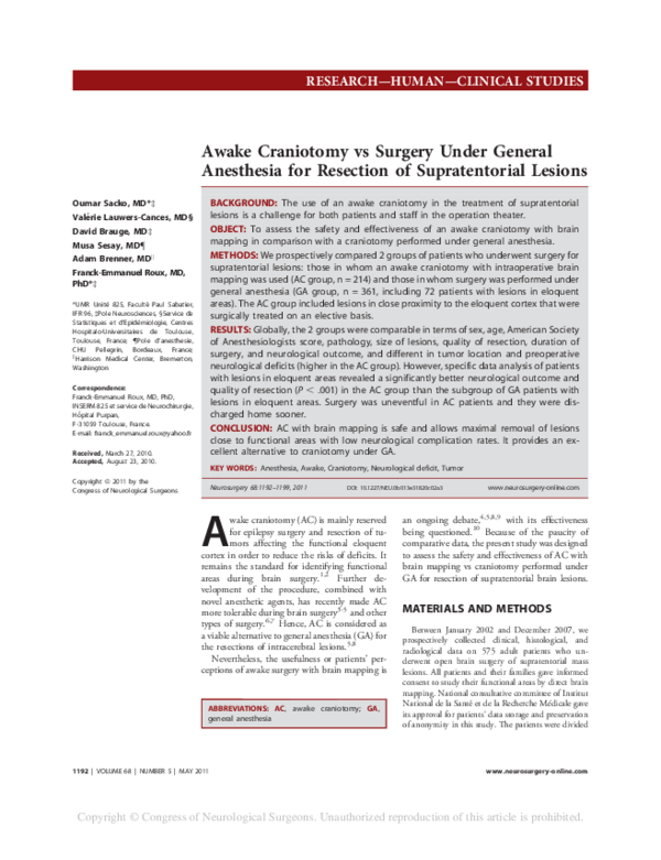 (PDF) Awake Craniotomy vs Surgery Under General Anesthesia for Resection of Supratentorial Lesions