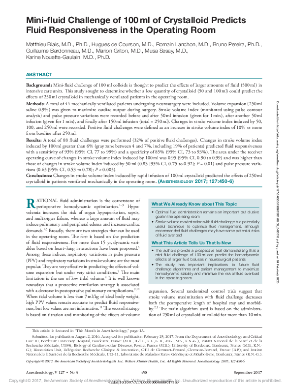 (PDF) Mini-fluid Challenge of 100 ml of Crystalloid Predicts Fluid ...