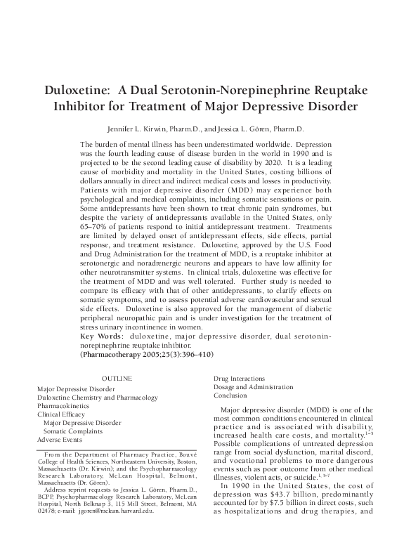 (PDF) Duloxetine: A Dual Serotonin-Norepinephrine Reuptake Inhibitor ...