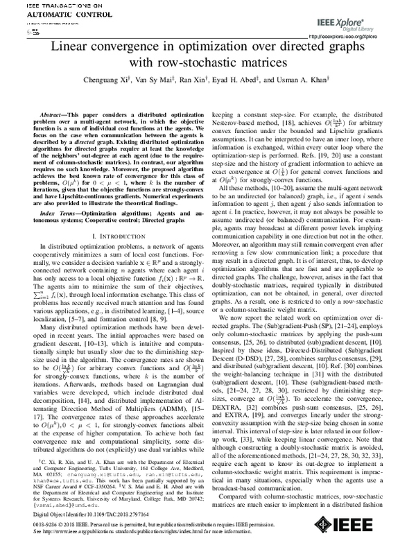 (PDF) Linear Convergence in Optimization Over Directed Graphs With Row-Stochastic Matrices