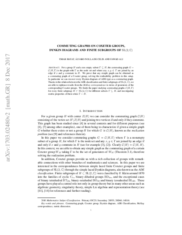 (PDF) Commuting graphs on Coxeter groups, Dynkin diagrams and finite subgroups of $SL(2,\mathbb{C})$