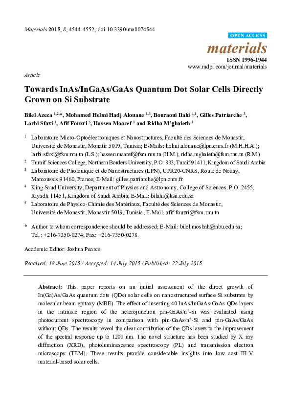 (PDF) Article Towards InAs/InGaAs/GaAs Quantum Dot Solar Cells Directly Grown on Si Substrate