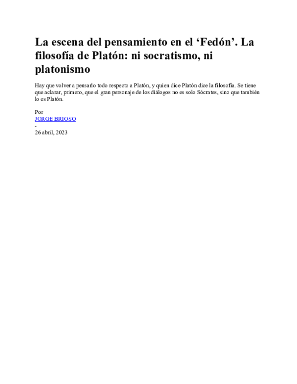 (PDF) La escena del pensamiento en el 'Fedón'. La filosofía de Platón ...