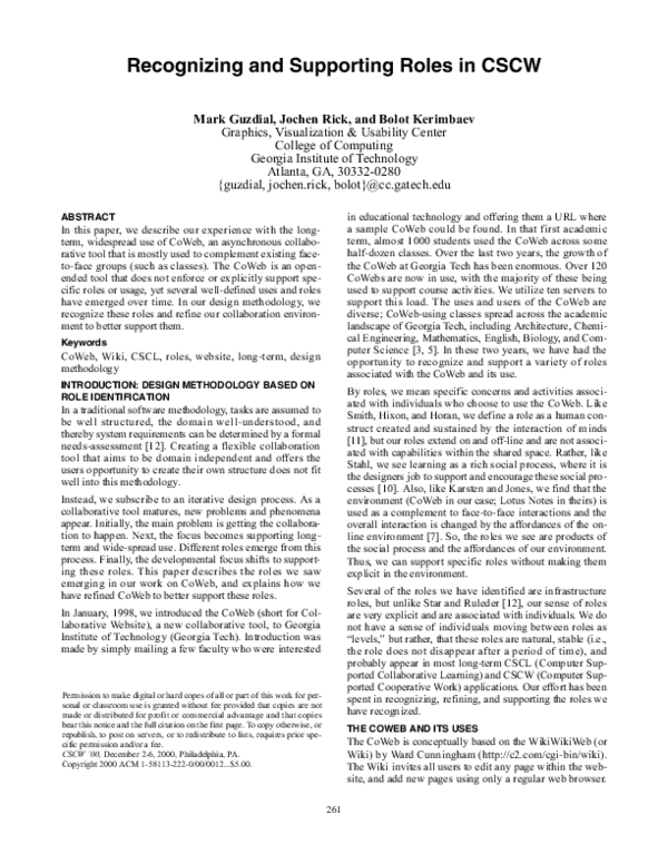 (PDF) Recognizing and supporting roles in CSCW