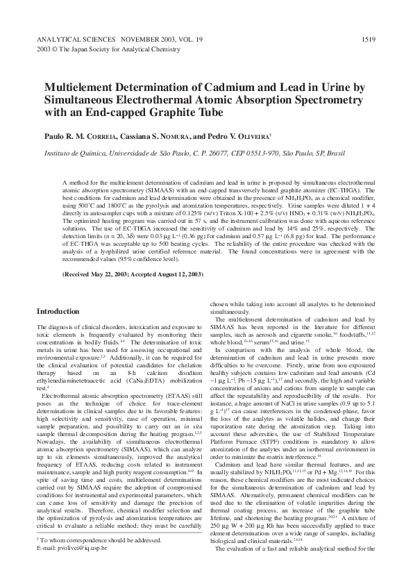 (PDF) Multielement Determination of Cadmium and Lead in Urine by Simultaneous Electrothermal ...