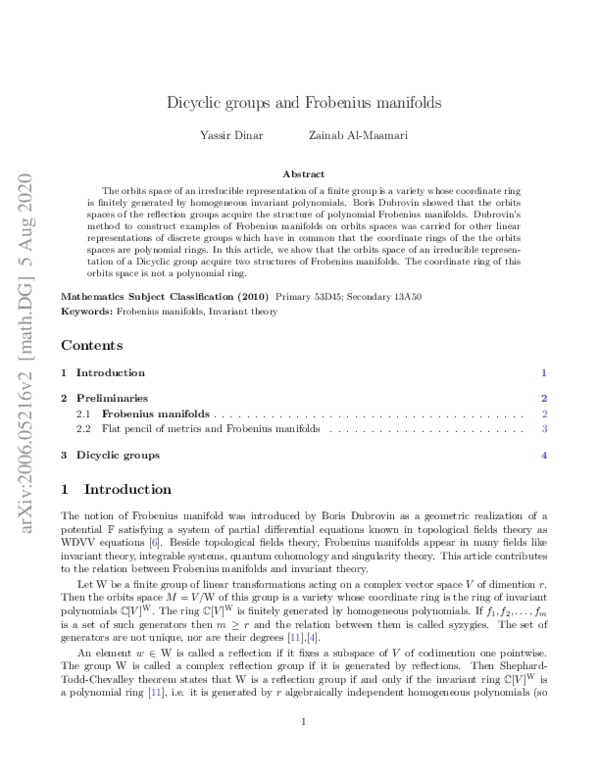 (PDF) Dicyclic groups and Frobenius manifolds