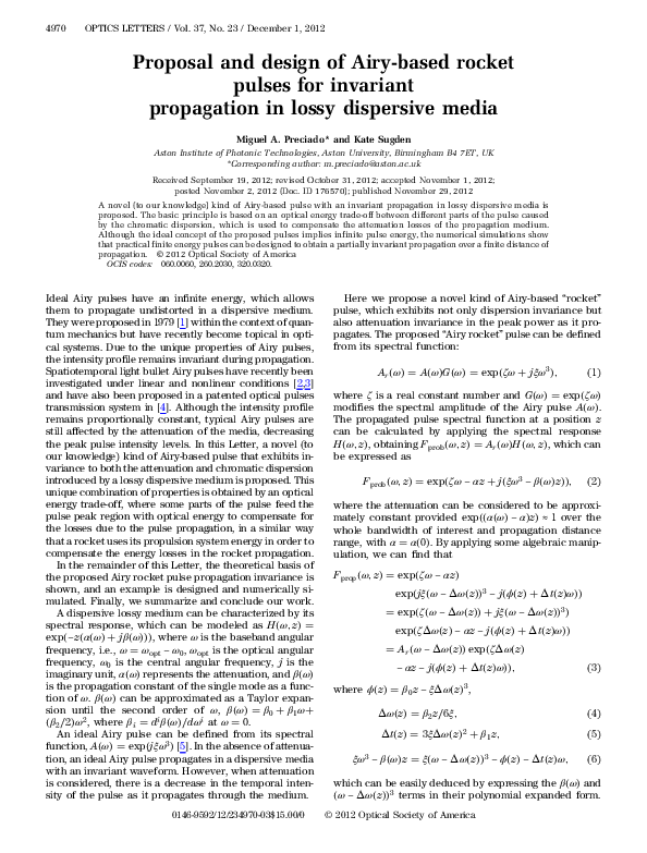 (PDF) Proposal and design of Airy-based rocket pulses for invariant propagation in lossy ...