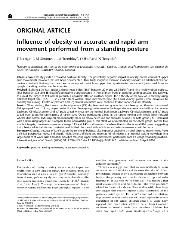 (PDF) Influence of obesity on accurate and rapid arm movement performed ...