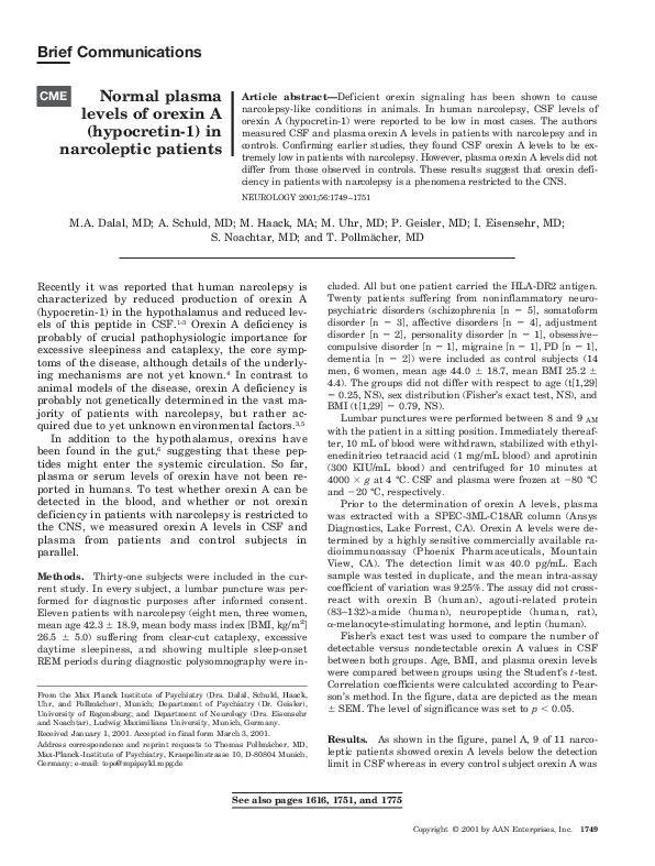(PDF) Normal plasma levels of orexin A (hypocretin-1) in narcoleptic ...