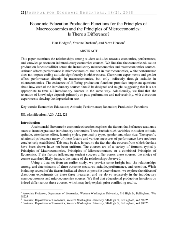 (PDF) Economic Education Production Functions for the Principles of ...