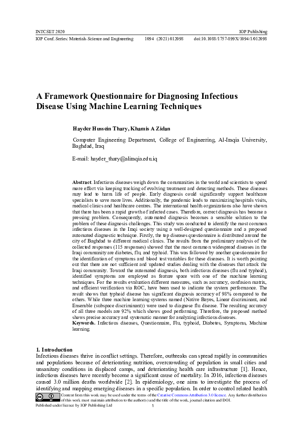 (PDF) A Framework Questionnaire for Diagnosing Infectious Disease Using ...