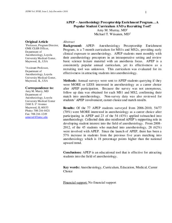 (PDF) APEP - Anesthesiology Preceptorship Enrichment Program: A curriculum for first and second ...