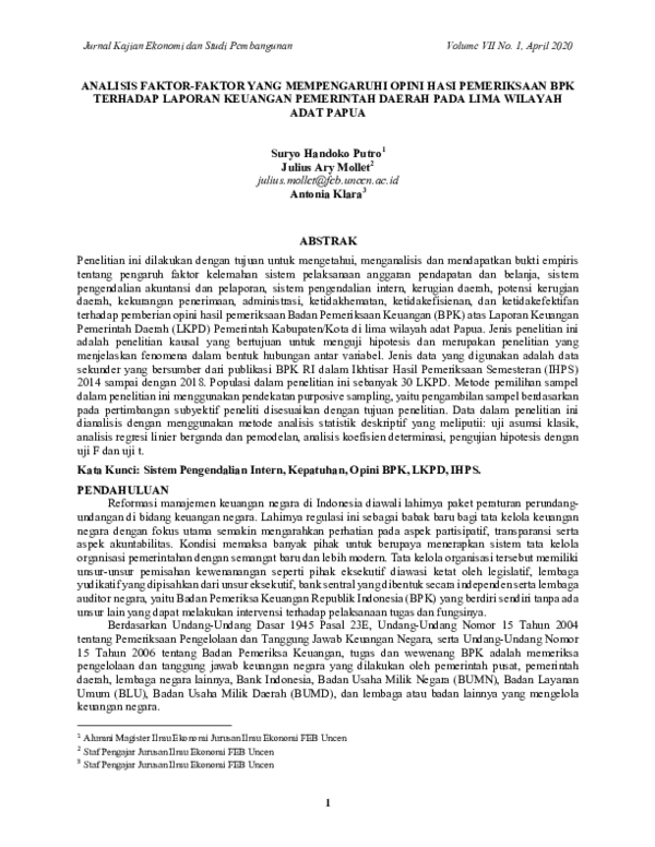 (PDF) Analisis Faktor-Faktor Yang Mempengaruhi Opini Hasi Pemeriksaan BPK Terhadap Laporan ...