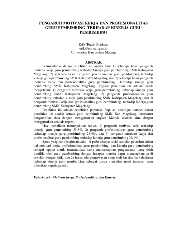 (PDF) Pengaruh Motivasi Kerja Dan Profesionalitas Guru Pembimbing Terhadap Kinerja Guru Pembimbing