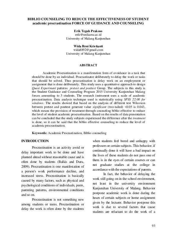 (PDF) BIBLIO COUNSELING TO REDUCE THE EFFECTIVENESS OF STUDENT academic procrastination FORCE OF ...