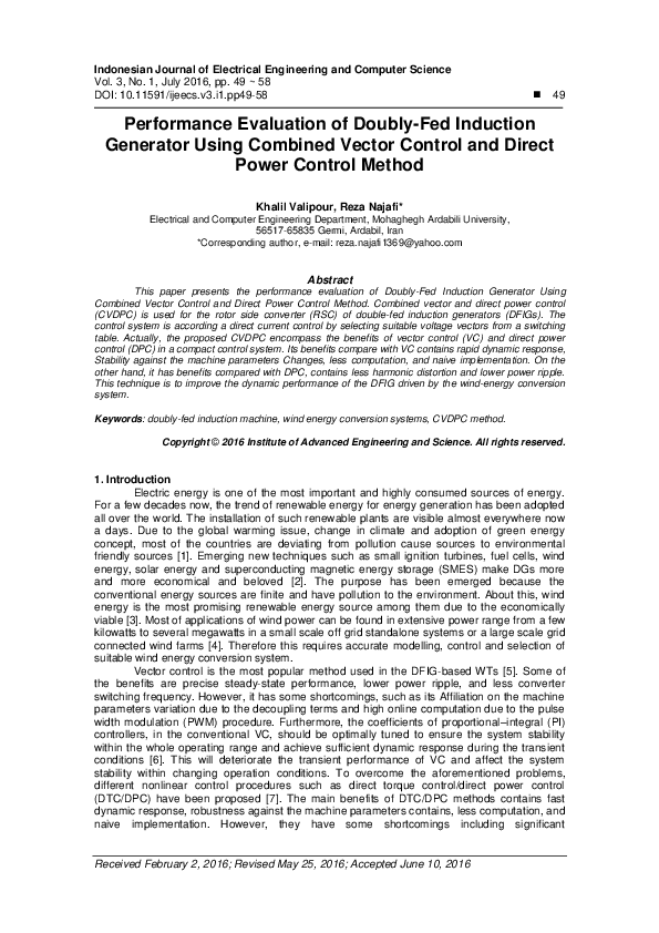 Pdf Performance Evaluation Of Doubly Fed Induction Generator Using Combined Vector Control And