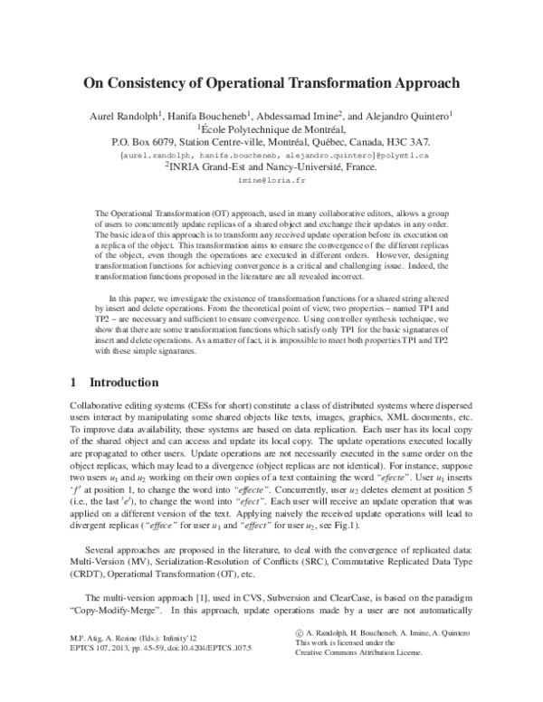 (PDF) On Consistency of Operational Transformation Approach