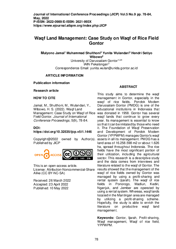(PDF) Waqf Land Management: Case Study on Waqf of Rice Field Gontor