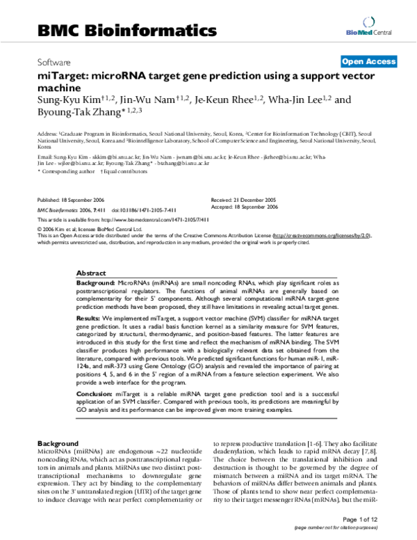 (PDF) miTarget: microRNA target gene prediction using a support vector machine