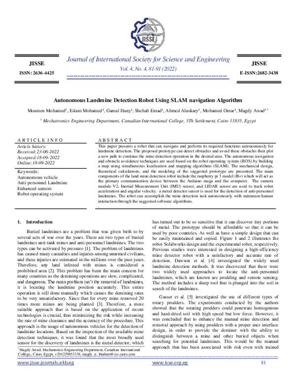 Pdf Autonomous Landmine Detection Robot Using Slam Navigation Algorithm