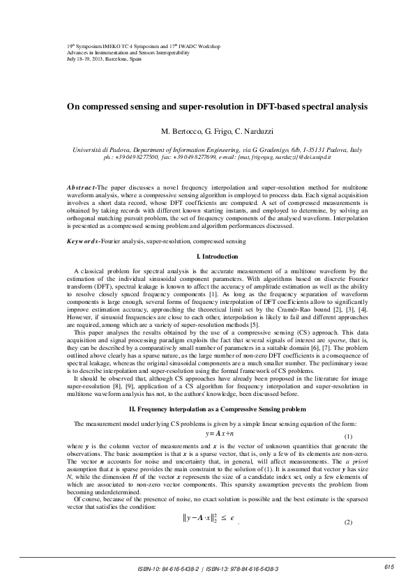 (PDF) On compressed sensing and super-resolution in DFT-based spectral analysis | Claudio ...