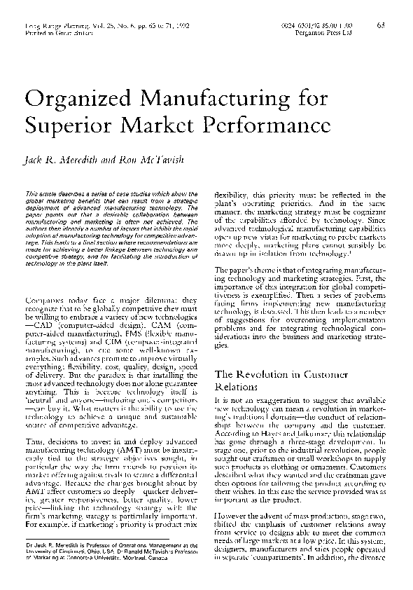 (PDF) Organized manufacturing for superior market performance