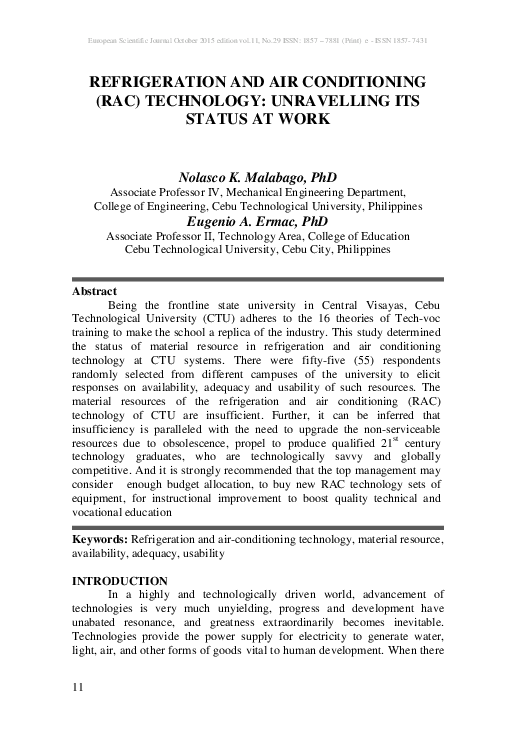 (PDF) Refrigeration and Air Conditioning (Rac) Technology: Unravelling ...