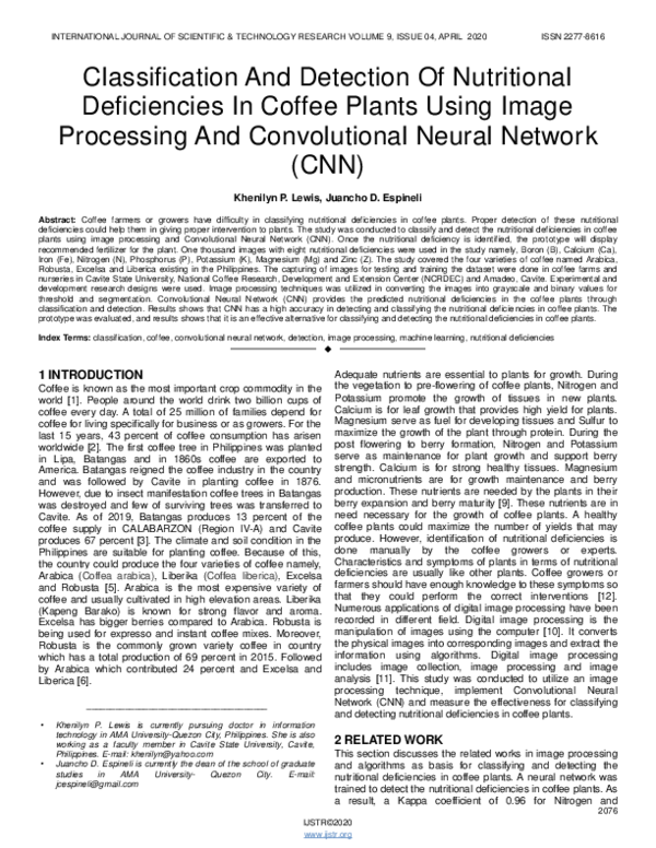 (PDF) Classification And Detection Of Nutritional Deficiencies In Coffee Plants Using Image ...