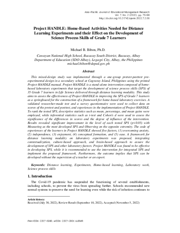 (PDF) Project HANDLE: Home-Based Activities Needed for Distance ...