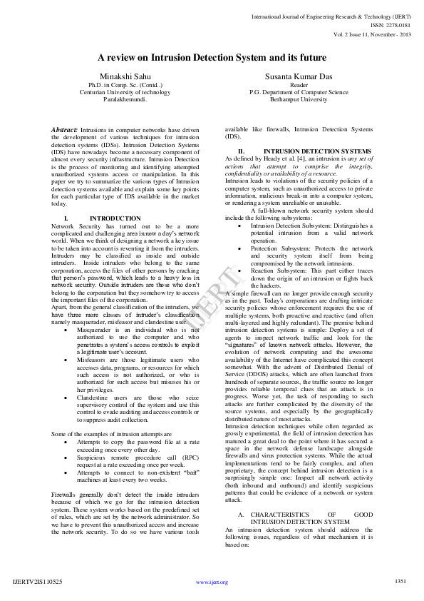 (PDF) A review on Intrusion Detection System and its future
