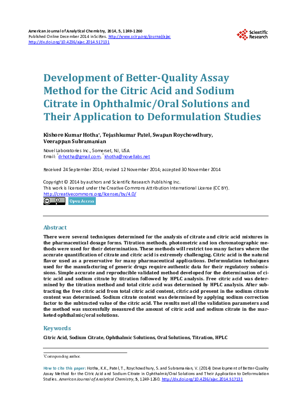 (PDF) Development of Better-Quality Assay Method for the Citric Acid ...