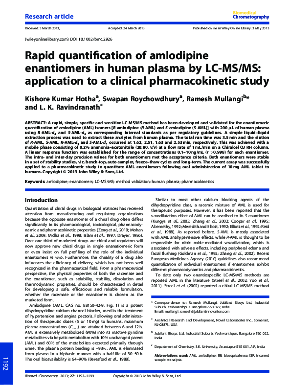 (PDF) Rapid quantification of amlodipine enantiomers in human plasma by LC-MS/MS: application to ...