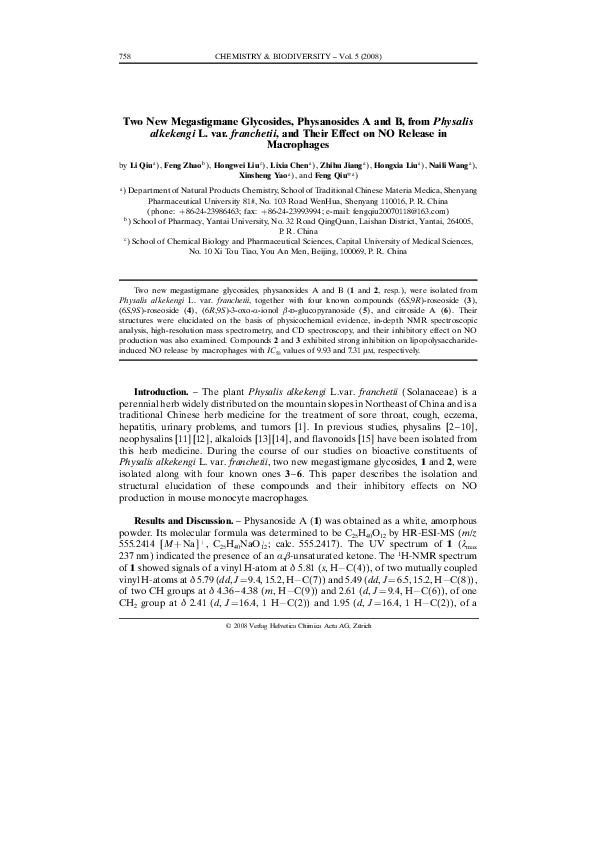 (PDF) Two New Megastigmane Glycosides, Physanosides A and B ...