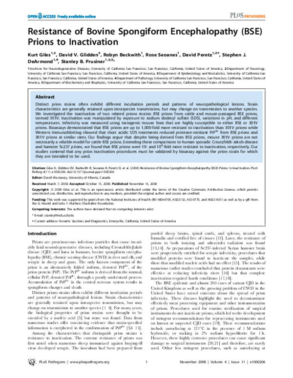 (PDF) Resistance of Bovine Spongiform Encephalopathy (BSE) Prions to ...