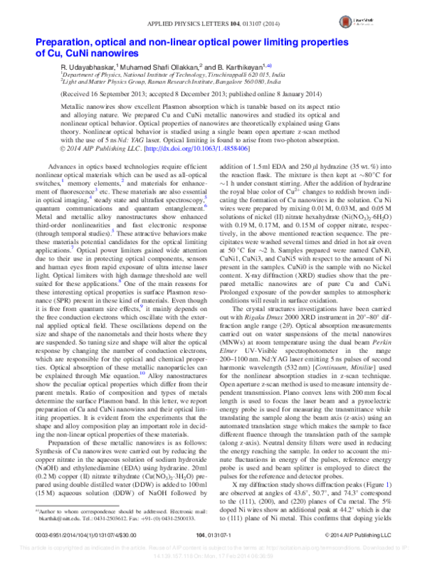 (PDF) Preparation, optical and non-linear optical power limiting properties of Cu, CuNi nanowires