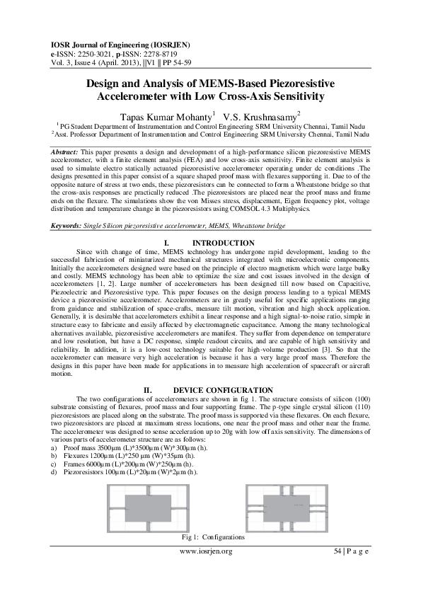 (PDF) Design and Analysis of MEMS-Based Piezoresistive Accelerometer with Low Cross-Axis Sensitivity