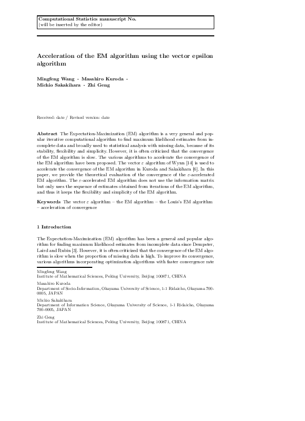 (PDF) Acceleration of the EM algorithm using the vector epsilon algorithm | Masahiro Kuroda ...