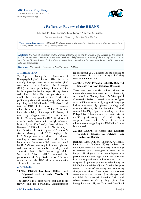 (PDF) A Reflective Review of the RBANS | Michael Shaughnessy - Academia.edu