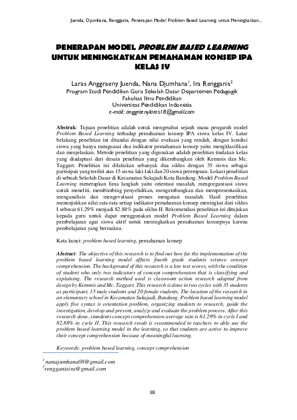 (PDF) Penerapan Model Problem Based Learning Untuk Meningkatkan Pemahaman Konsep Ipa Kelas IV