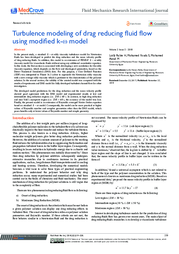 (PDF) Turbulence modeling of drag reducing fluid flow using modified k-ω model